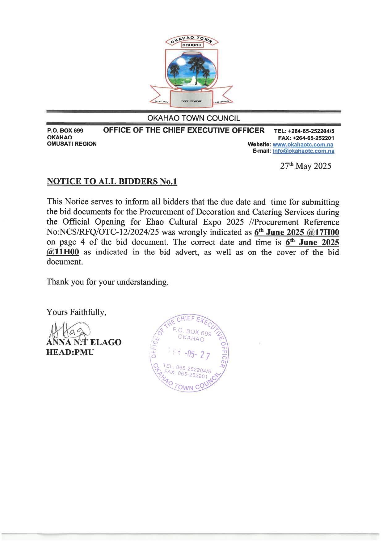 NOTICE TO BIDDERS ON CLOSING TIME AND DATE FOR DECORATIONS AND CATERING ...